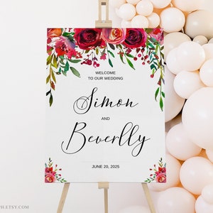Editable Red Roses Welcome Sign Templates Red and Gold Wedding Welcome ...
