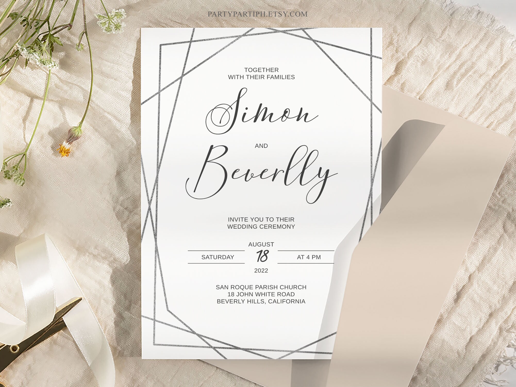 EDITABLE Silver Wedding Invitation Set Template Silver Geometric ...