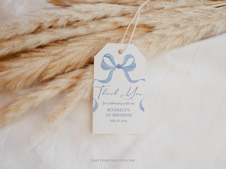 Editable Blue Bow Birthday Thank You Tags Template Cute Girl Bow Gift ...