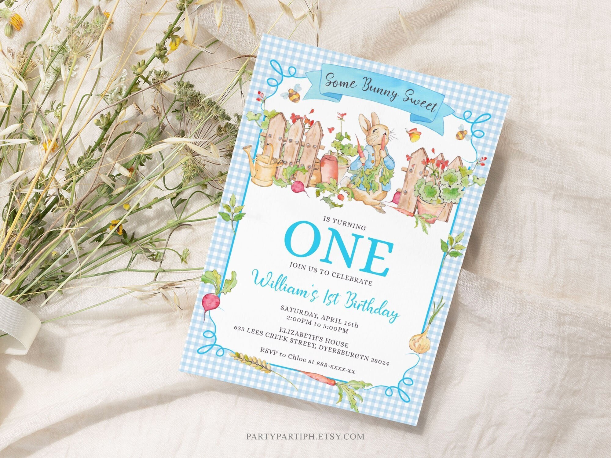 Editable Peter Rabbit First Birthday Invitation Template Some Bunny is ...