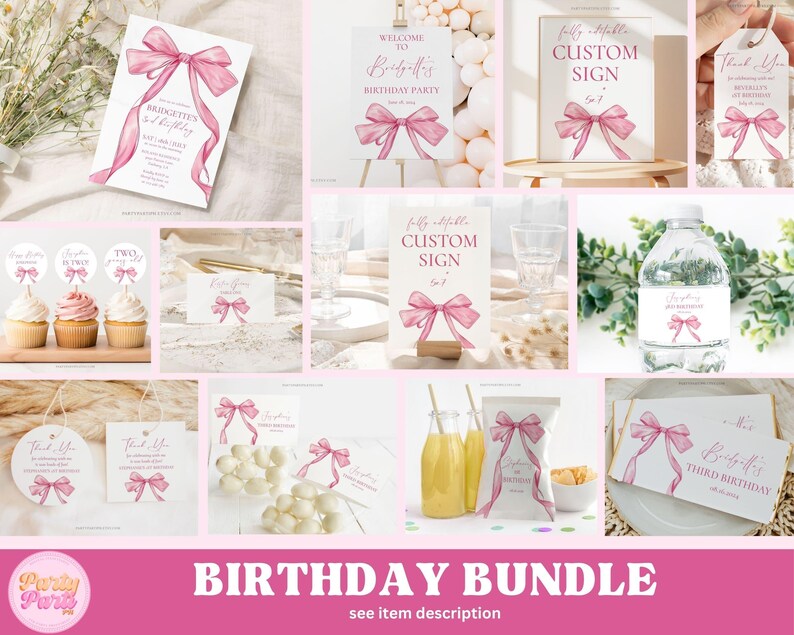 Happy Birthday Pink Bow Party Banner Instant Download Cute Girl Bow ...