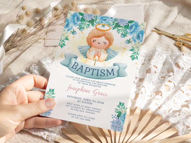 Editable Angel Baptism Invitation Blue Flowers Baptism Invitation Girl ...