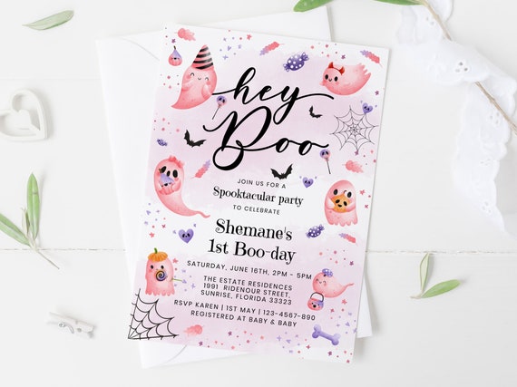Editable Hey Boo Halloween Pink Ghost Birthday Invitation Hey Boo Girly ...