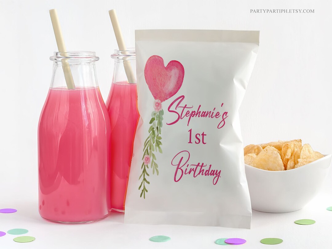 Editable Pink Heart Balloon Chip Bag Birthday Party Favor Treat Bag ...