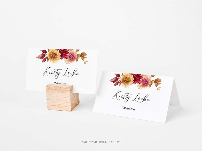 Editable Fall Autumn Place Card Template Rustic Florals Food Table Name ...