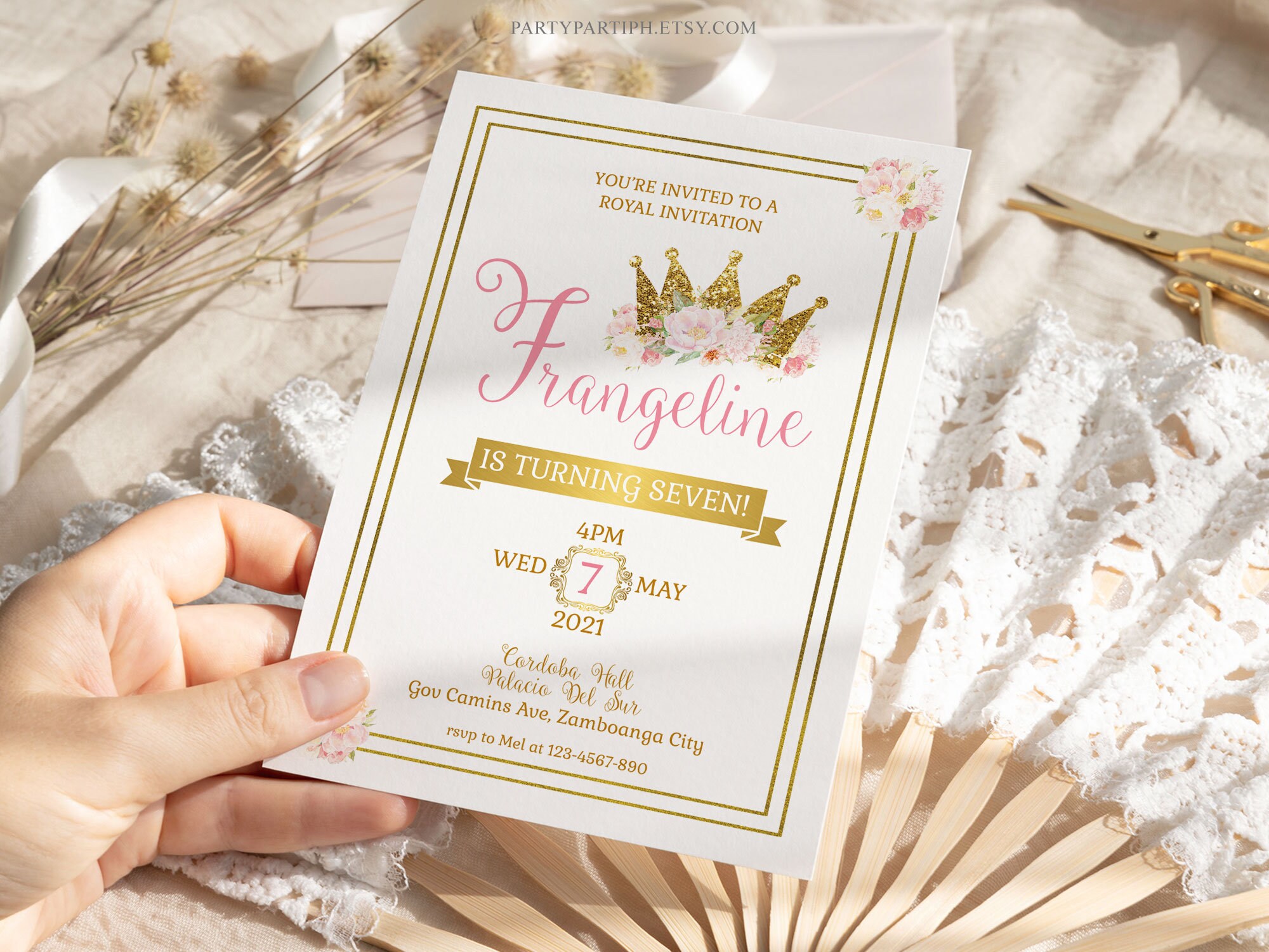 Editable Crown Princess Birthday Invitation Template Flower Invitation ...