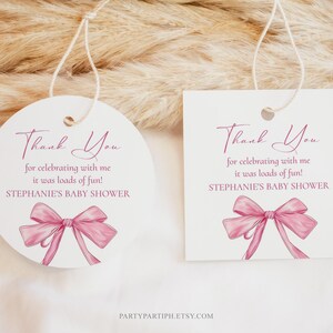 EDITABLE Pink Bow Round Baby Shower Favor Tag Template Cute Girl Bow ...
