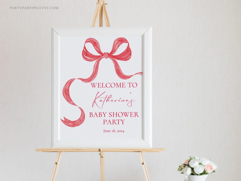 Editable Red Bow Baby Shower Welcome Sign Template Cute Girl Bow Party ...