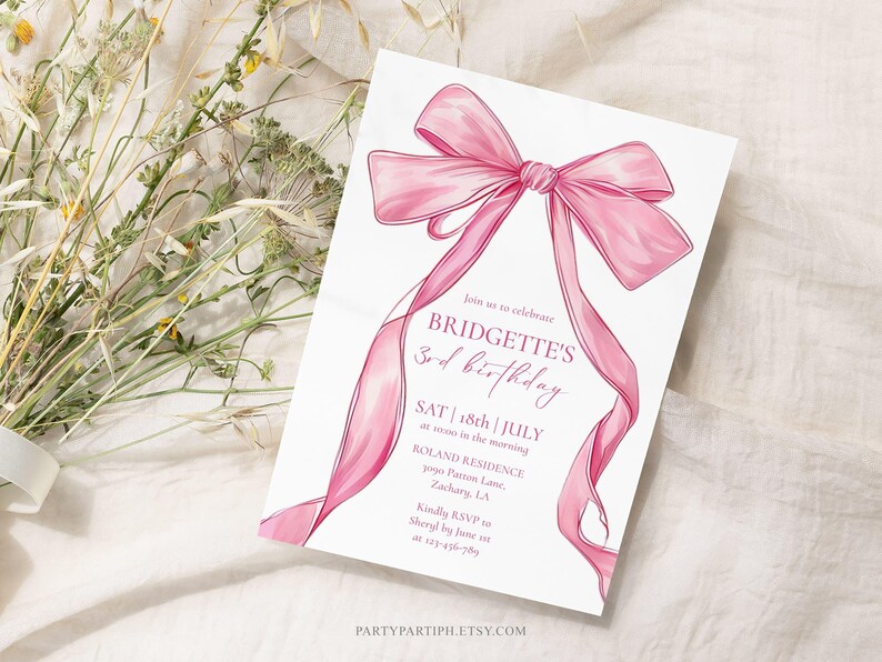 EDITABLE Pink Bow Birthday Invitation Template Cute Bow Theme 1st 2nd ...
