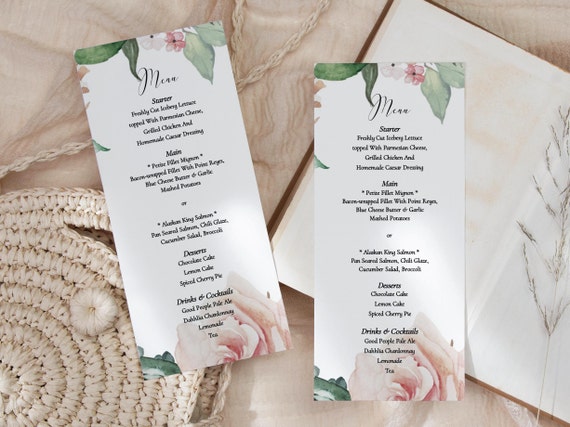 Editable Blush Pink Menu Card Template (Wedding, Bridal Shower, Dinner ...
