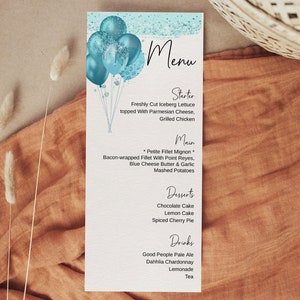 EDITABLE Balloons Birthday Party Menu Card Template Metallic Blue ...