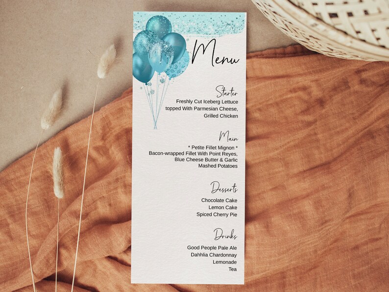 EDITABLE Balloons Birthday Party Menu Card Template Metallic Blue ...
