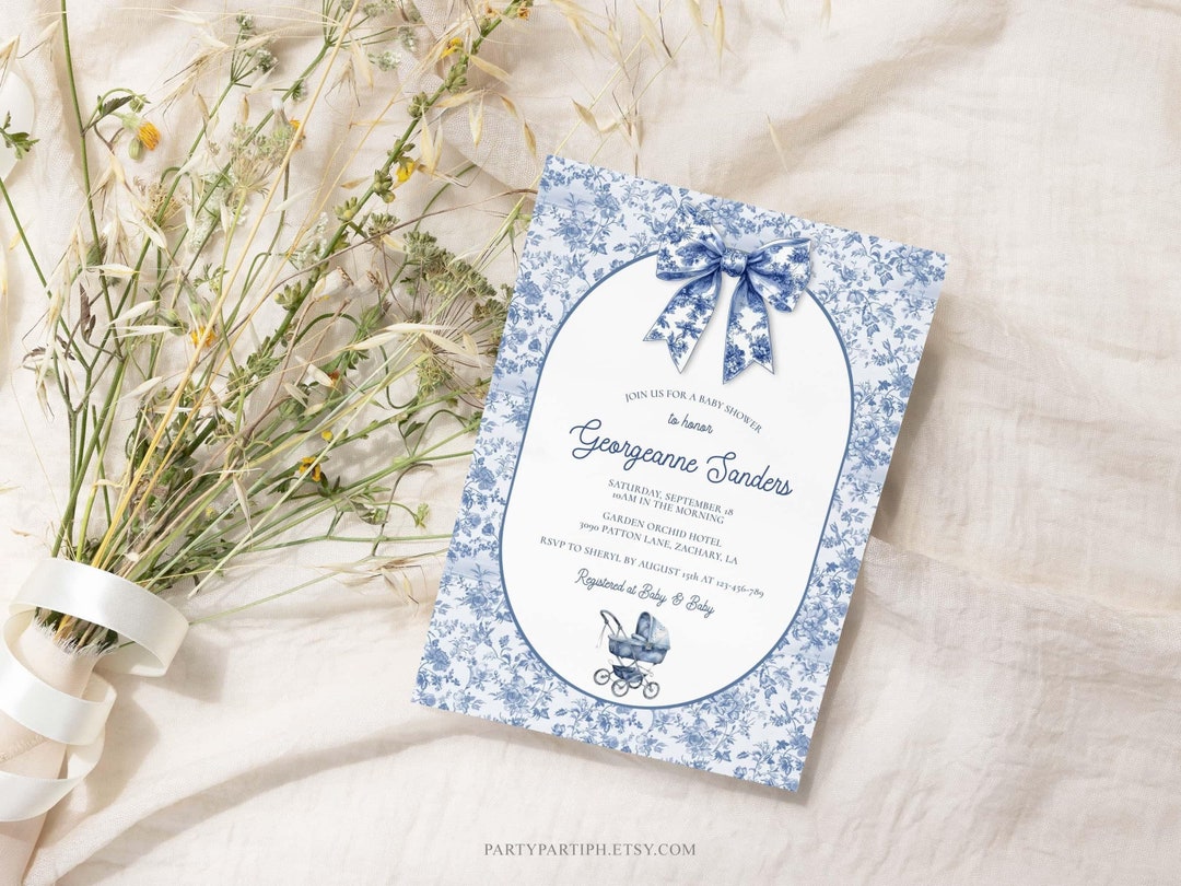 EDITABLE Blue Toile Baby Shower Invitation Template Bow Floral Crib ...