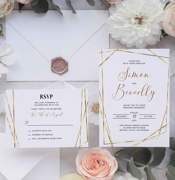 Gold Wedding Invitation Template Set, INSTANT Download, Gold Geometric ...