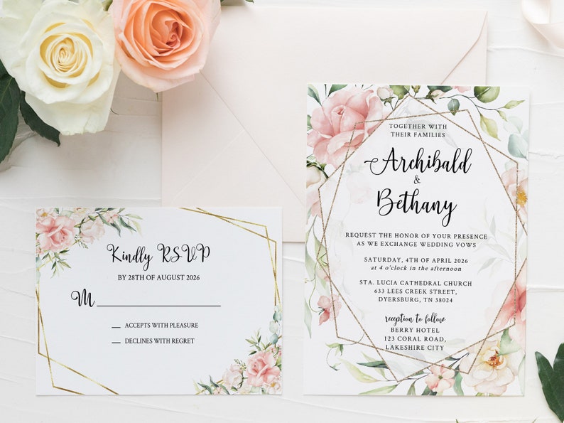 Editable Blush Pink Wedding Invitation Set Template Instant Download ...