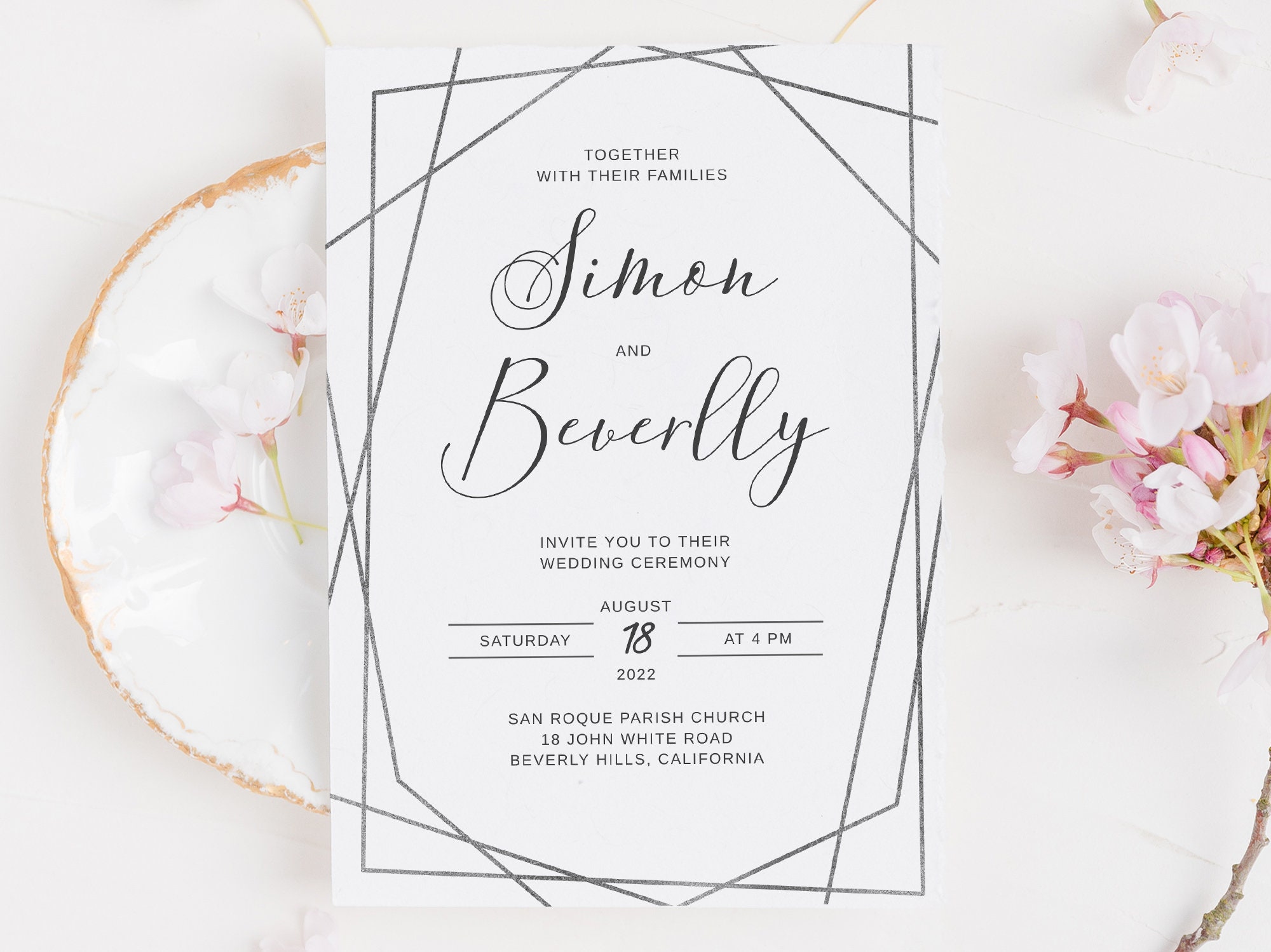 EDITABLE Silver Geometric Wedding Invitation Template INSTANT Download ...
