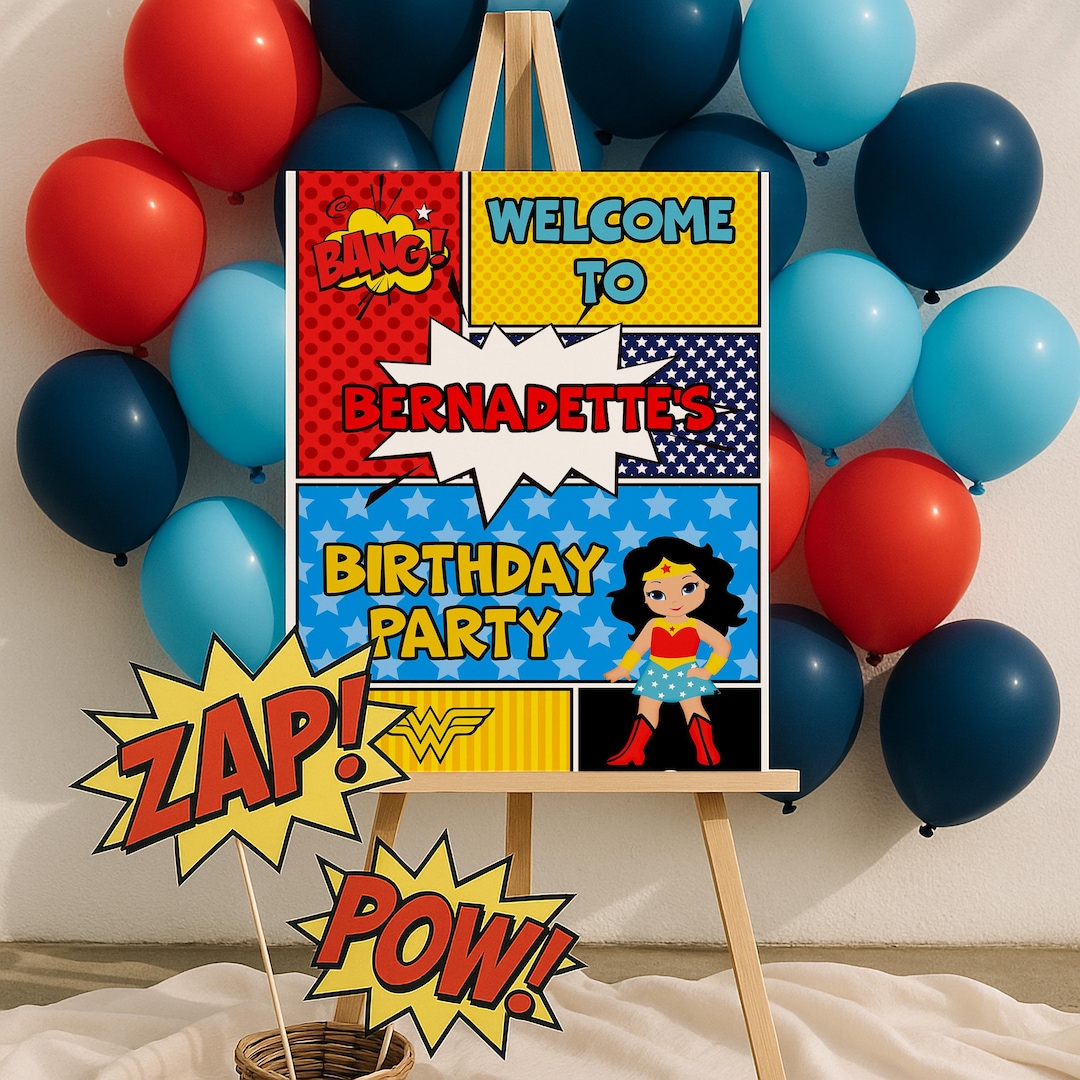 Superhero Birthday Welcome Sign, Comic Book Party Sign, Pow Boom Zap ...