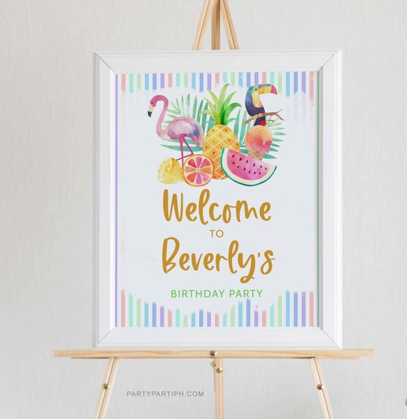Editable Tropical Birthday Welcome Sign Poster, Flamingo Birthday ...