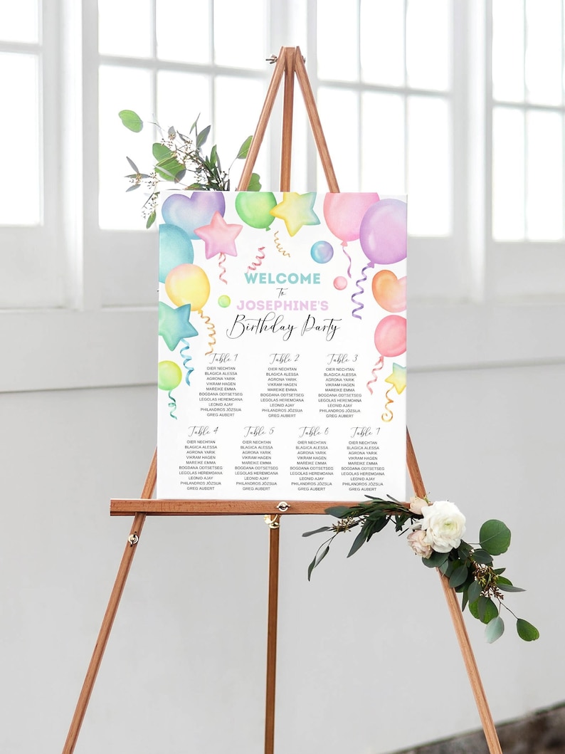 EDITABLE Rainbow Balloons Baby Shower Seating Chart Template Balloon ...