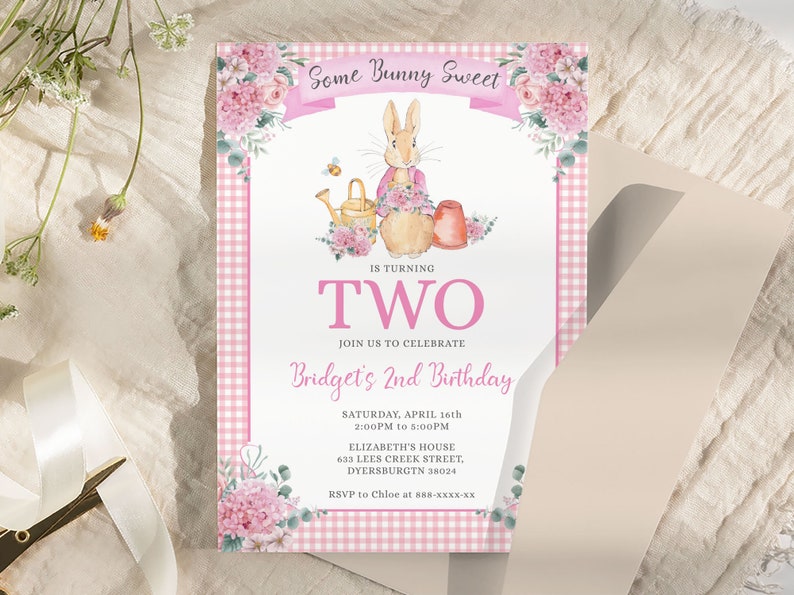 Editable Pink Peter Rabbit 2nd Birthday Invitation Template Some Bunny ...
