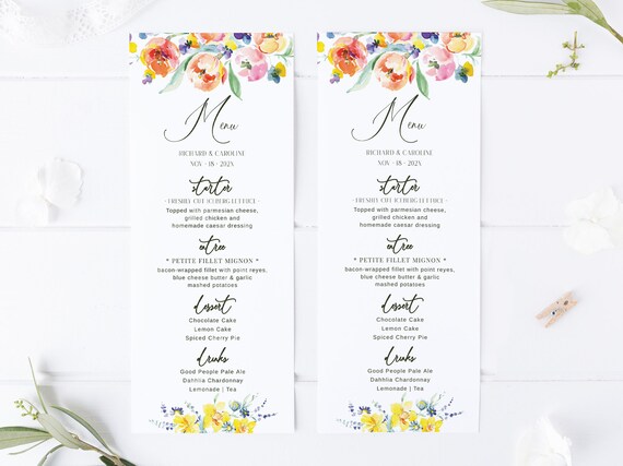EDITABLE Colorful Flowers Menu Card Template (Wedding, Bridal Shower ...