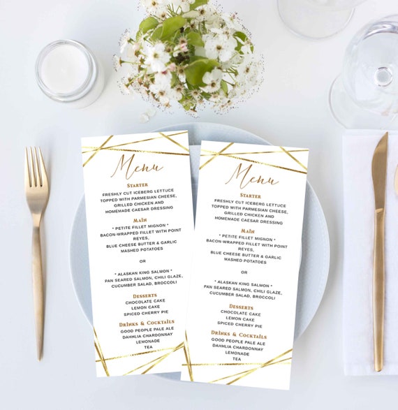 Editable Gold Menu Card Template (Wedding, Bridal Shower, Dinner ...