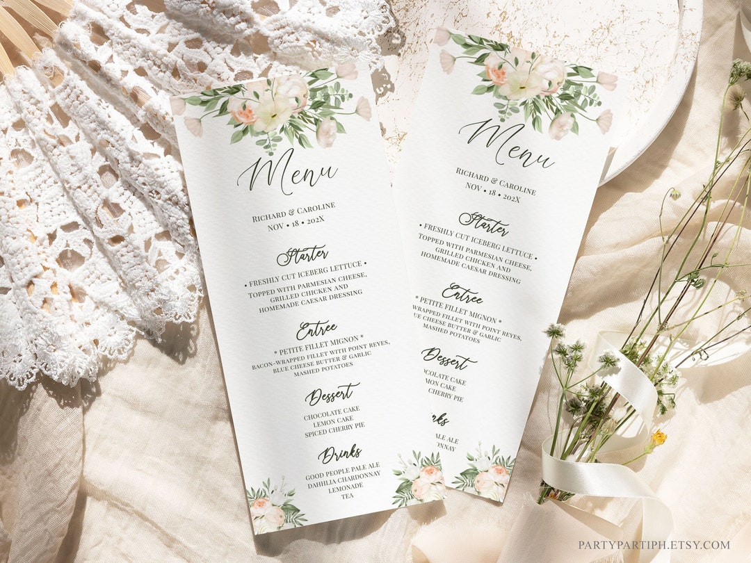 EDITABLE White Flowers Wedding Menu Card Template Instant Download ...