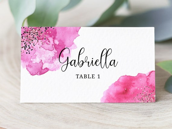 EDITABLE Hot Pink and Black Glitter Place Card, Black Pink Table Name ...