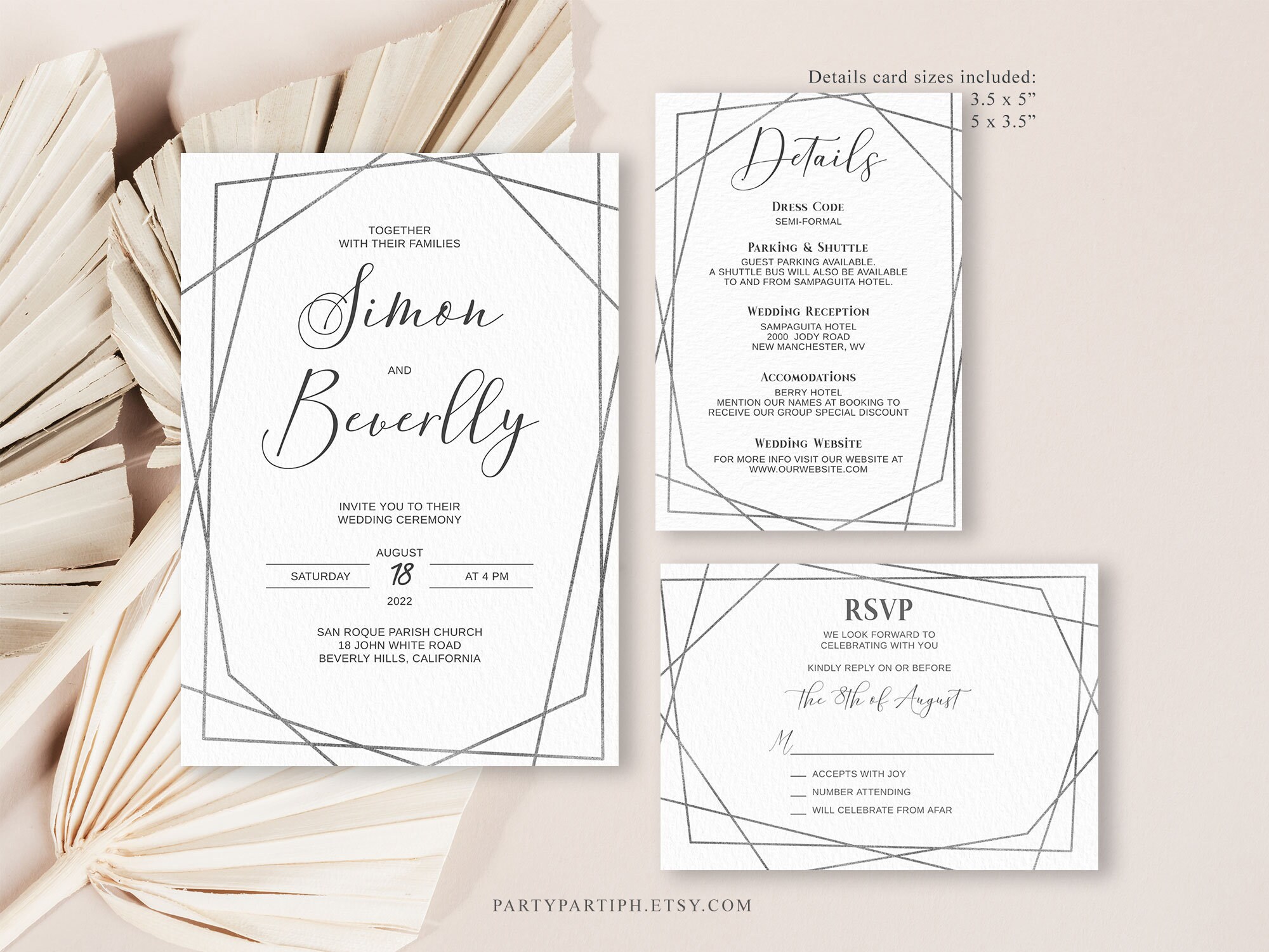 EDITABLE Silver Wedding Invitation Set Template Silver Geometric ...