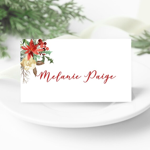 Editable Christmas Place Card Template, Poinsettia Place Card ...