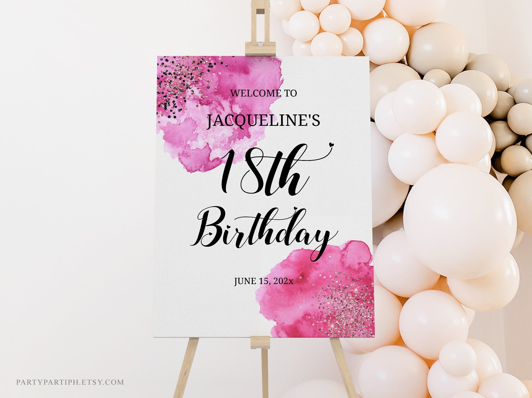 EDITABLE Hot Pink and Black Baby Shower Welcome Sign Pink Flower ...