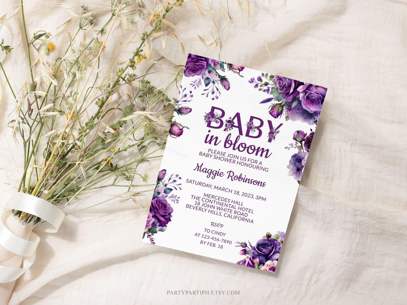 Editable Purple Flowers Baby Shower Invitation Template Baby in Bloom ...