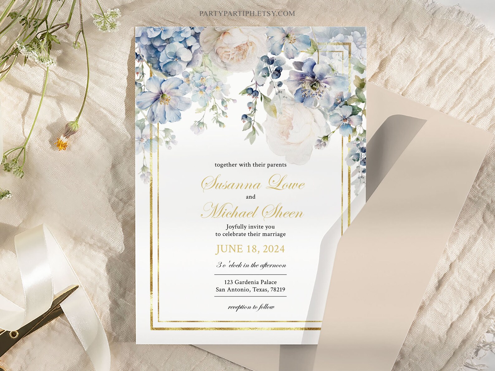 EDITABLE Blue Flowers Wedding Invitation Set Templates Gold Frame ...