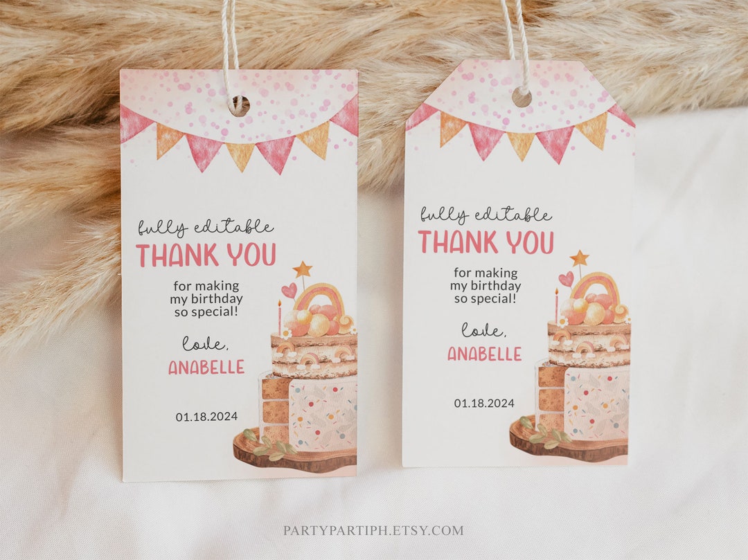Editable Boho Birthday Thank You Tags Template Cake Gift Tags Instant ...