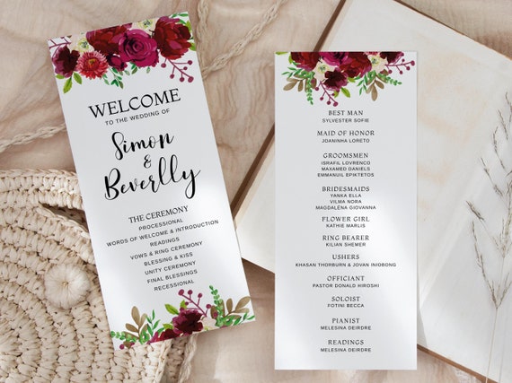 EDITABLE Boho Burgundy Program Card Template (Wedding, Bridal Shower ...