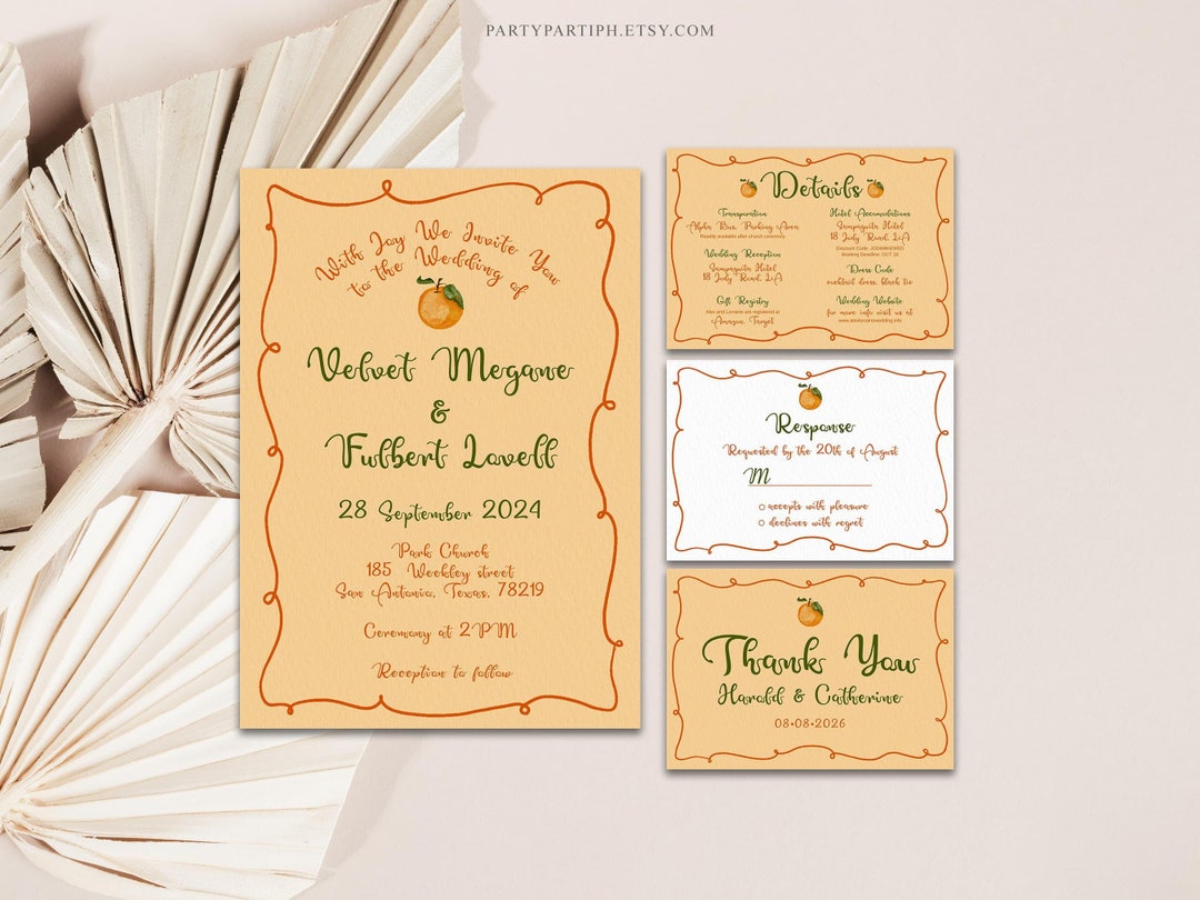 Editable Orange Swirly Frame Wedding Invitation Set 4pc Modern ...