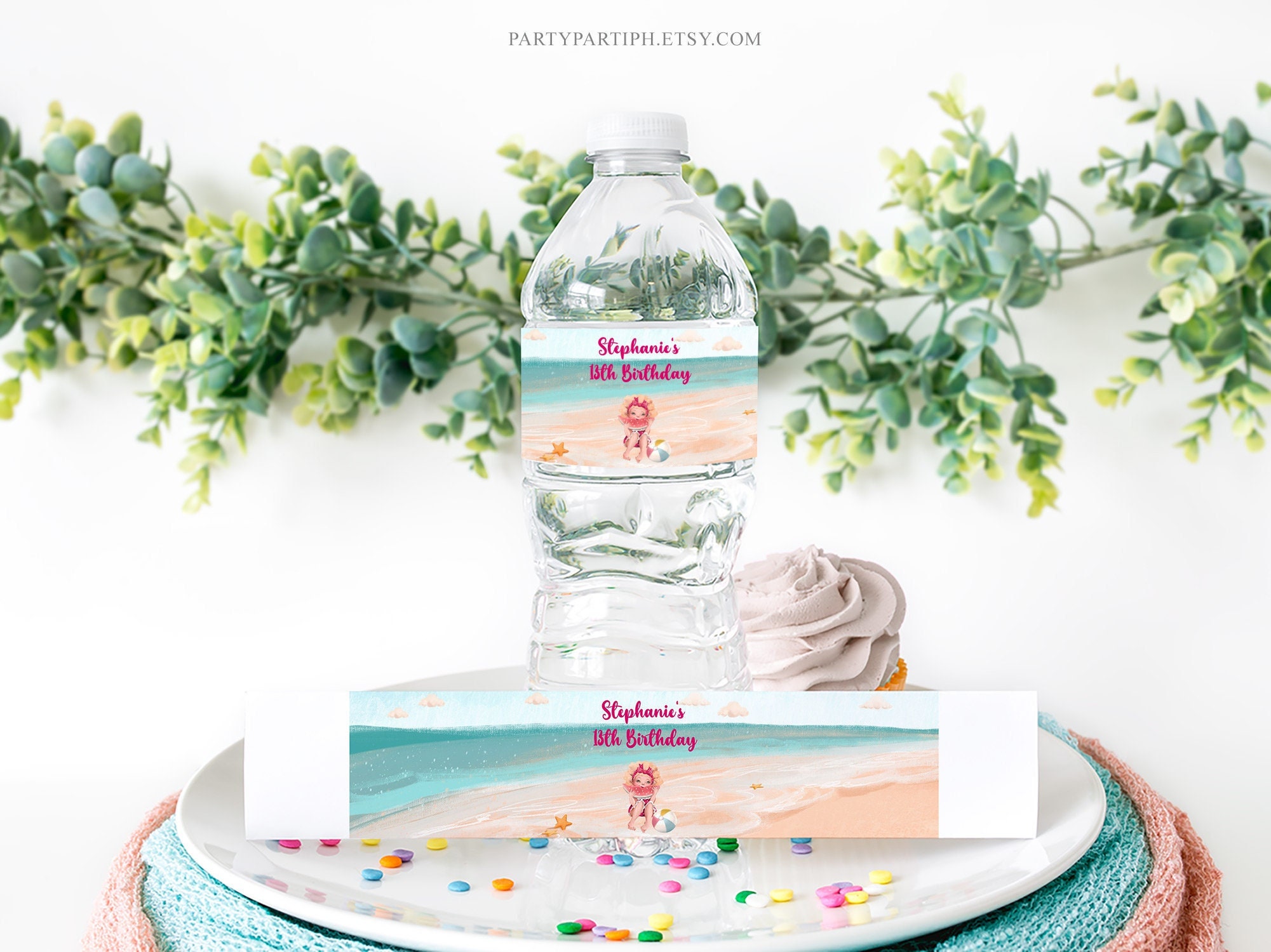 Editable Beach Party Water Bottle Labels Template Retro Girl Summer ...