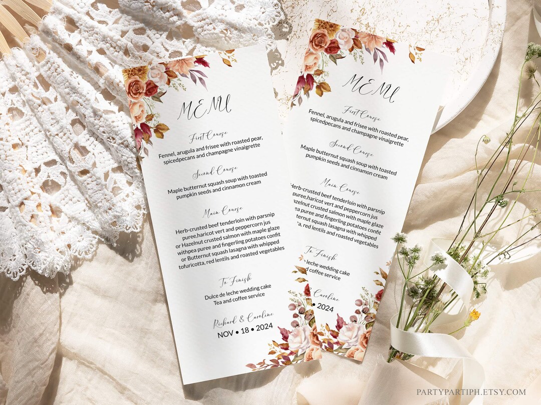 EDITABLE Fall Autumn Menu Card Template Rustic Flowers Wedding Menu ...