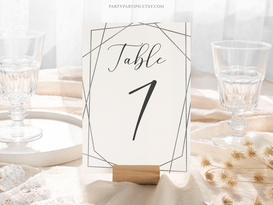 EDITABLE Silver Geometric Wedding Table Numbers Silver Minimalist Table ...