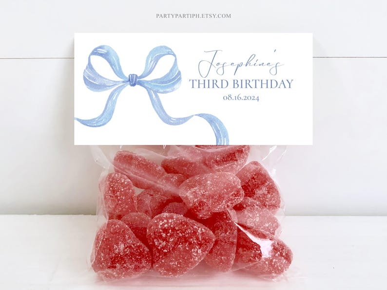 Editable Blue Bow Party Treat Bag Label Template Cute Girl Bow Birthday ...