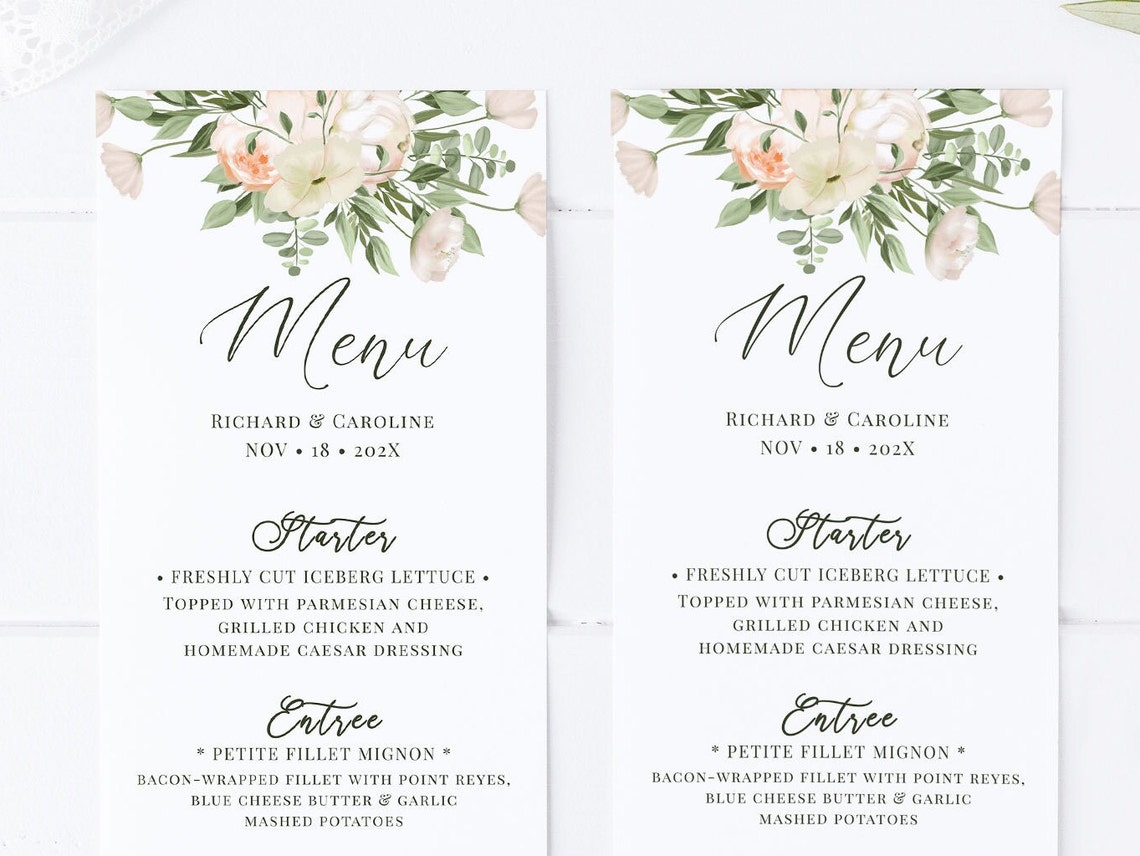 EDITABLE White Flowers Wedding Menu Card Template Instant Download ...
