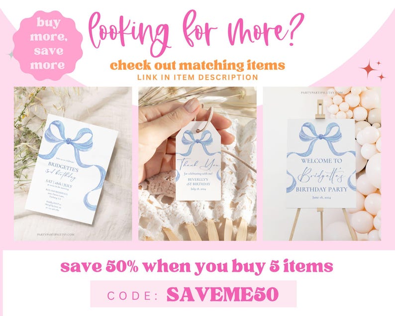 EDITABLE Blue Bow Birthday Invitation Template Cute Bow Theme 1st 2nd ...