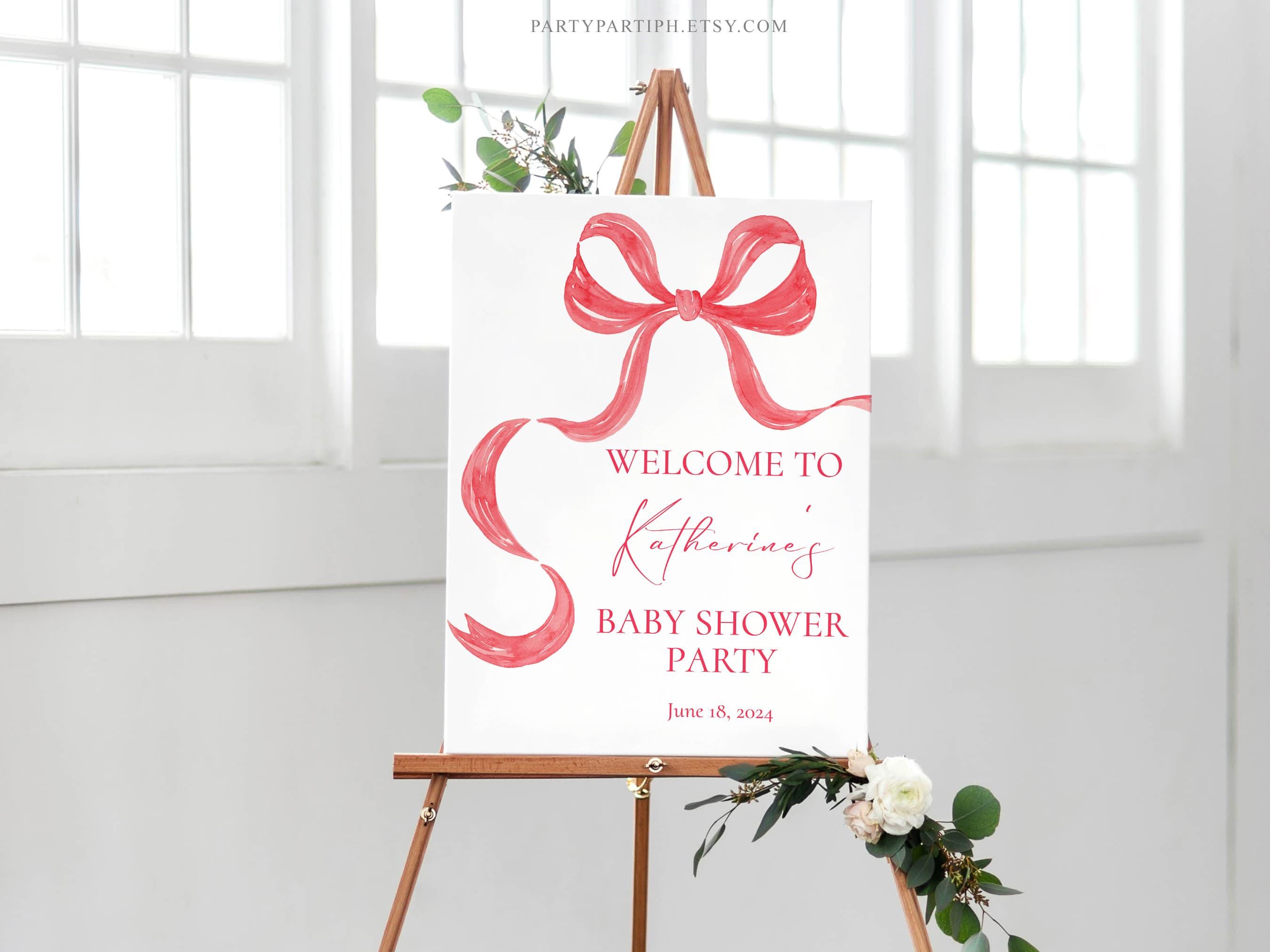 Editable Red Bow Baby Shower Welcome Sign Template Cute Girl Bow Party ...