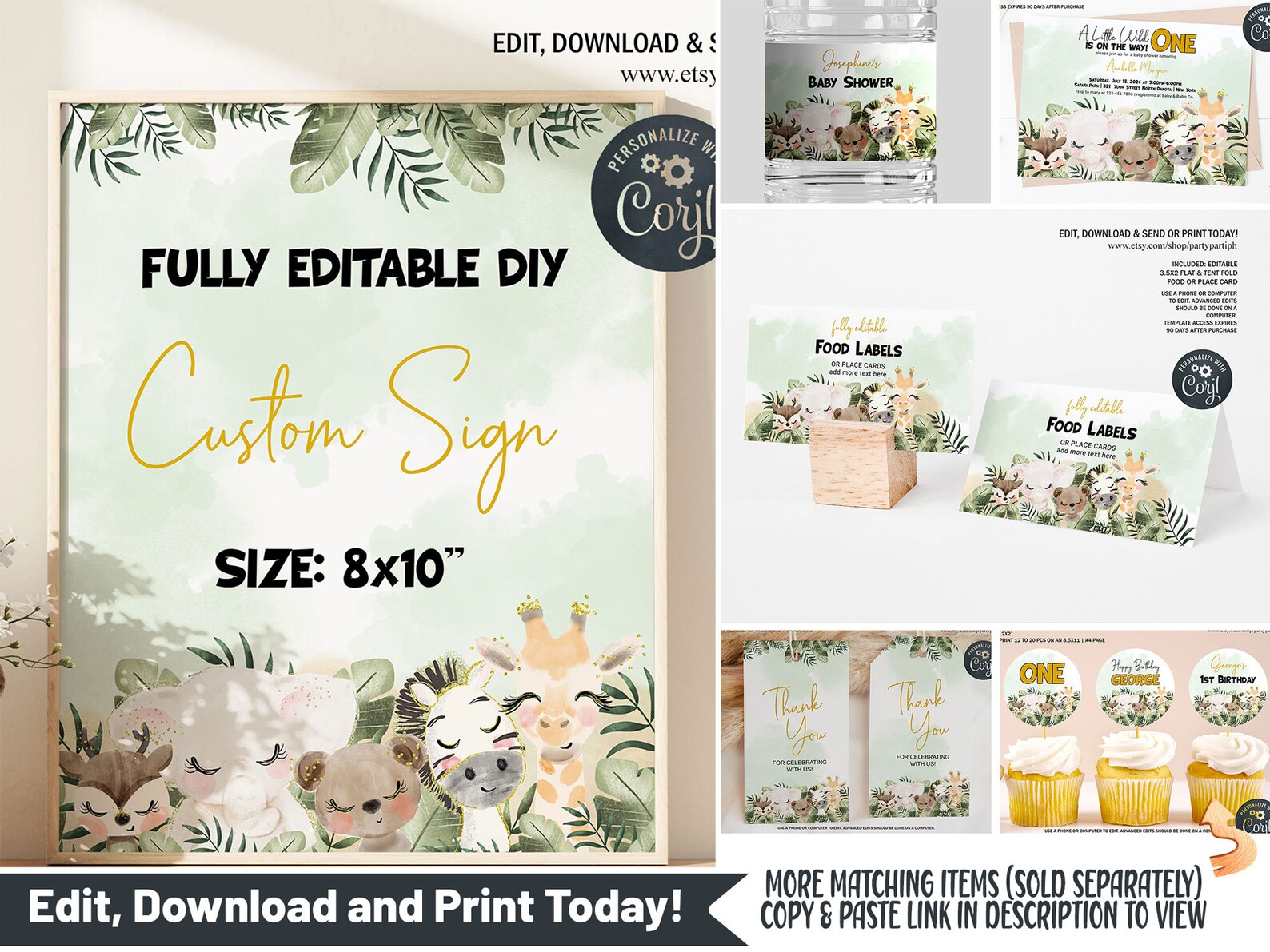 Editable Safari Animals Jungle Custom Sign (portrait and Landscape ...