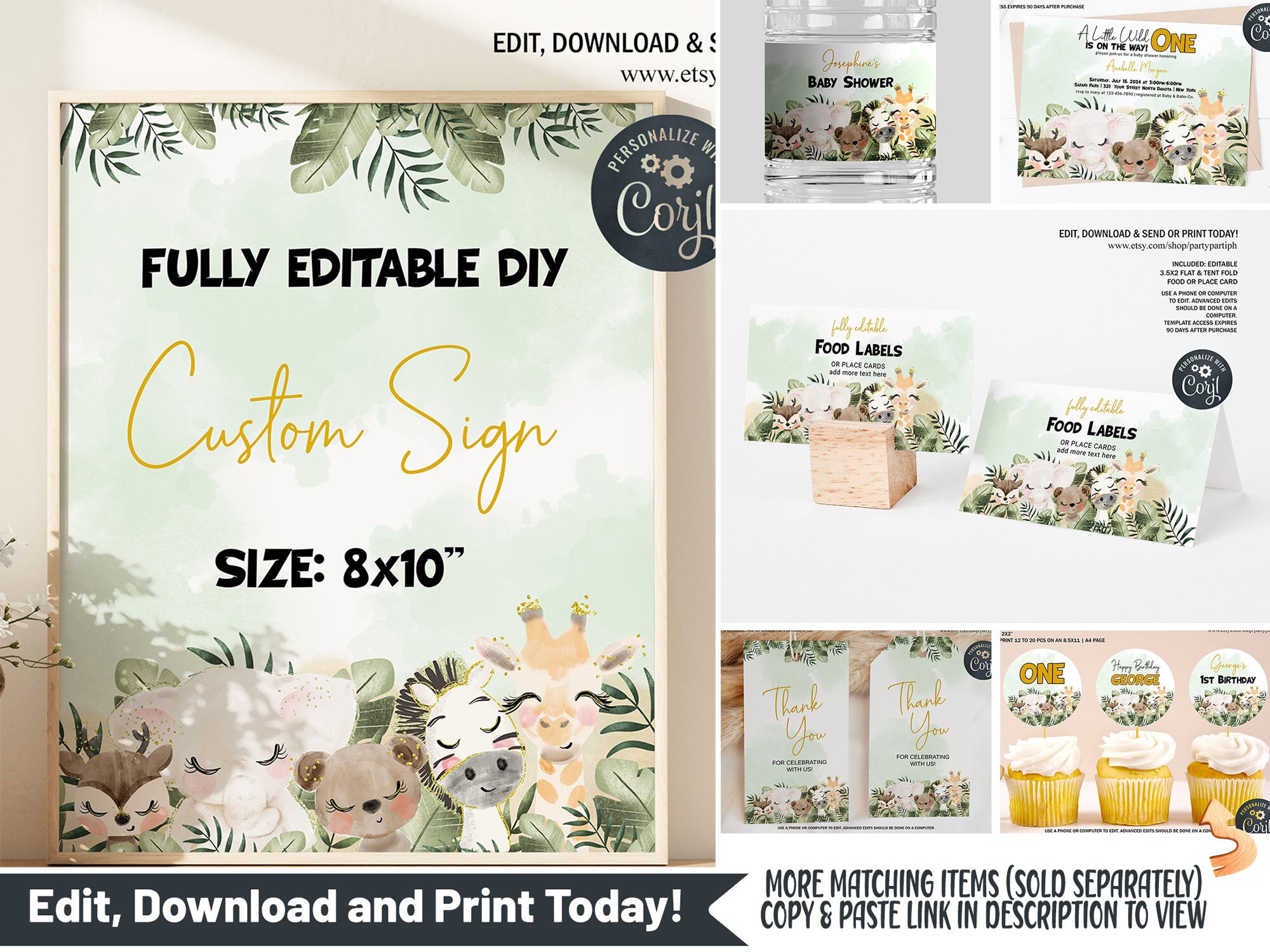 Editable Safari Animals Jungle Custom Sign (portrait and Landscape ...