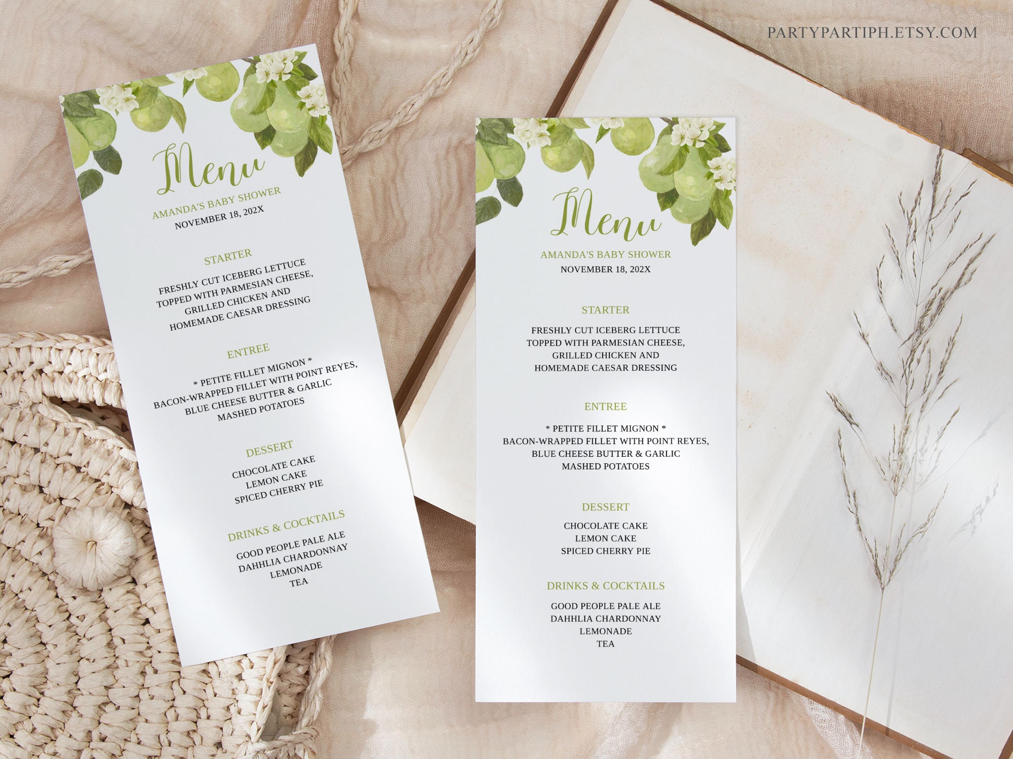 Editable Perfect Pear Baby Shower Menu Card Template Twin Pear Menu ...