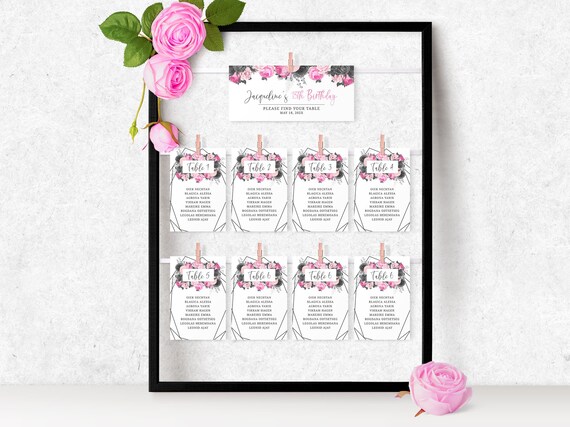 Editable Hot Pink and Black Seating Table Chart Pink Floral Find Your ...