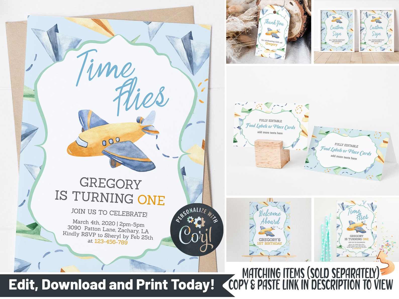 Editable Airplane Birthday Invitation Blue and White, Aircraft Birthday ...