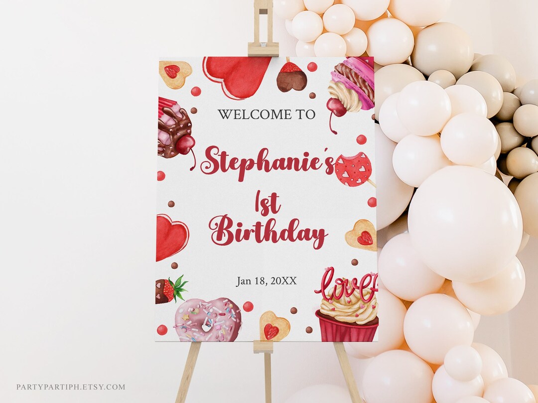 Editable Red Hearts and Cupcakes Birthday Party Welcome Sign Template ...