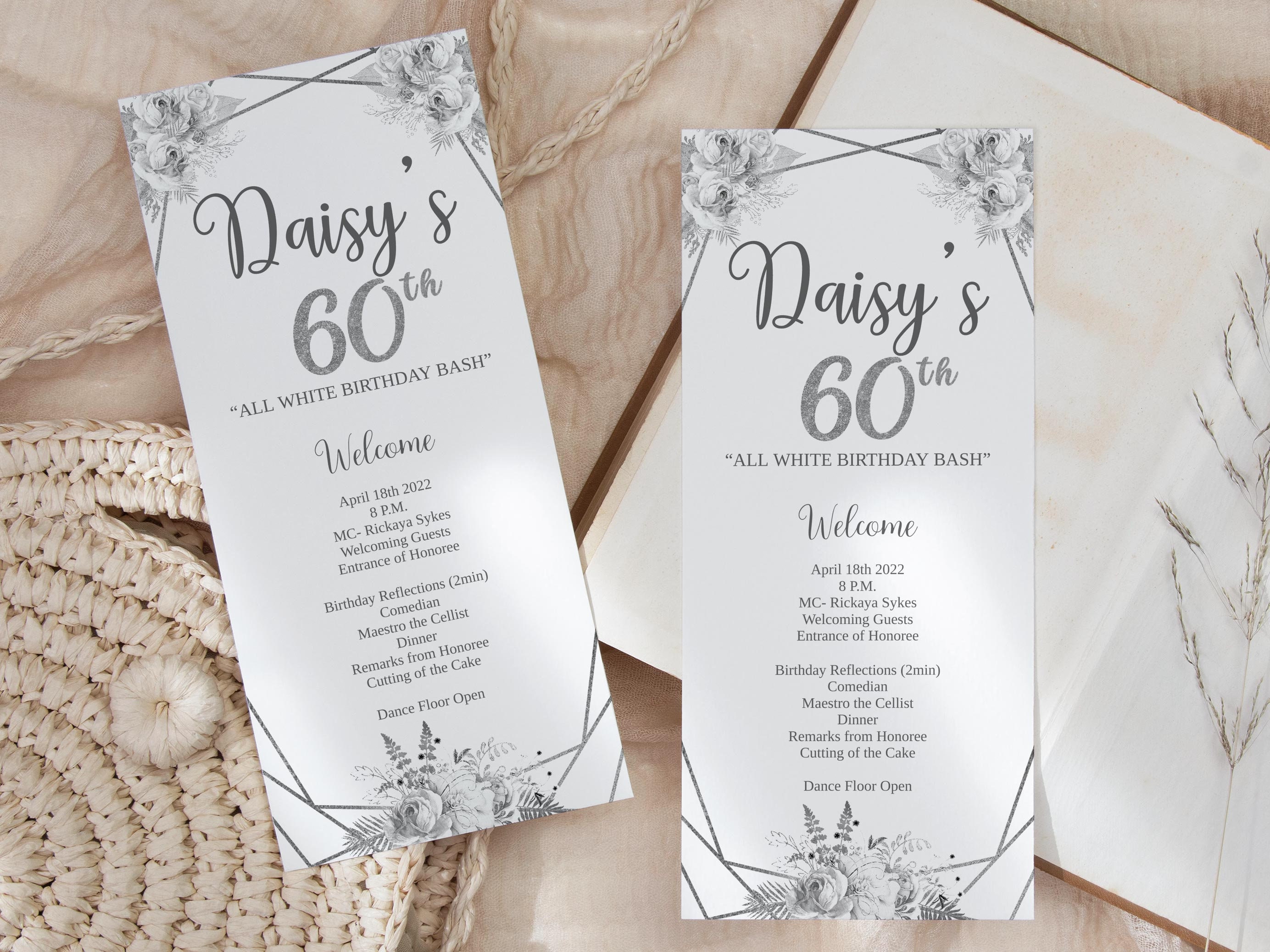 Editable Silver Program Card Template wedding, Bridal Shower, Dinner ...